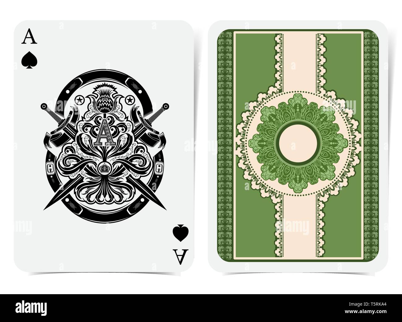 Ace of spades face with thistle plant pattern, crossed swords and ...