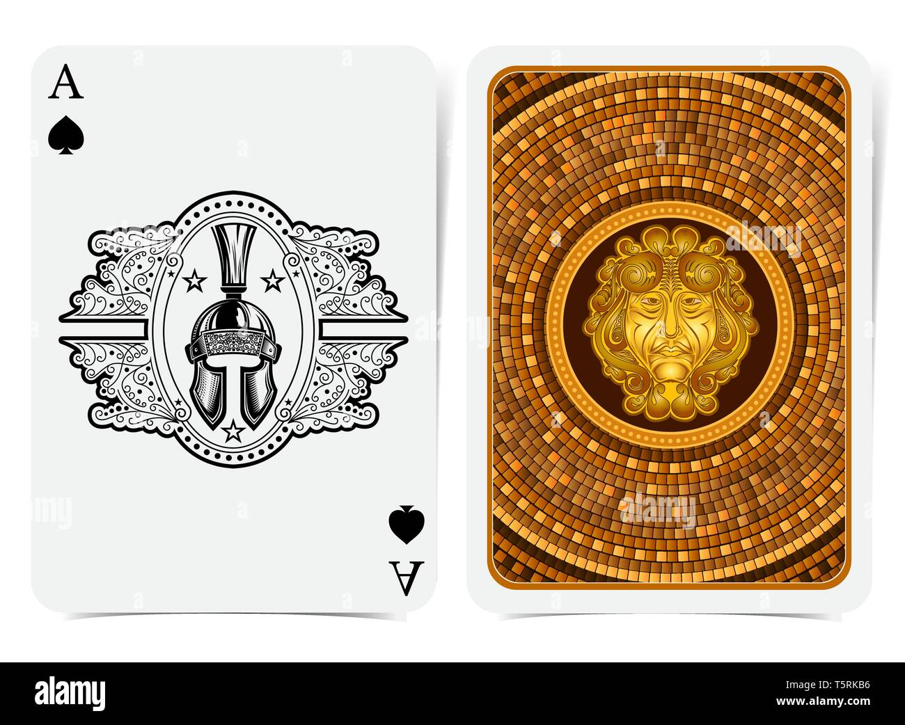 Ace of spades face with warrior helmet inside oval frame with curly ...
