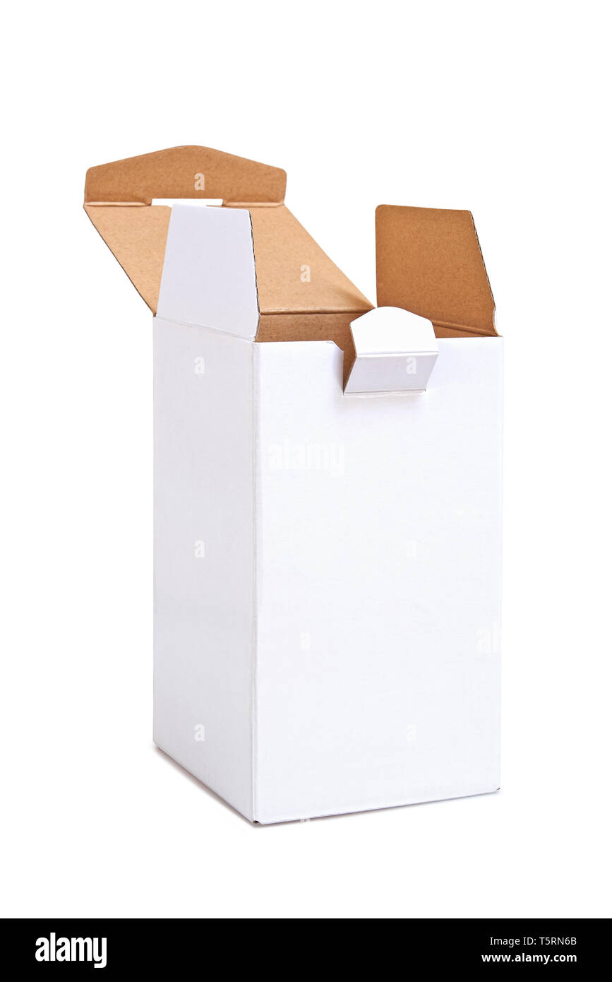 Real Vertical blank carton box opened isolated on white with clipping ...