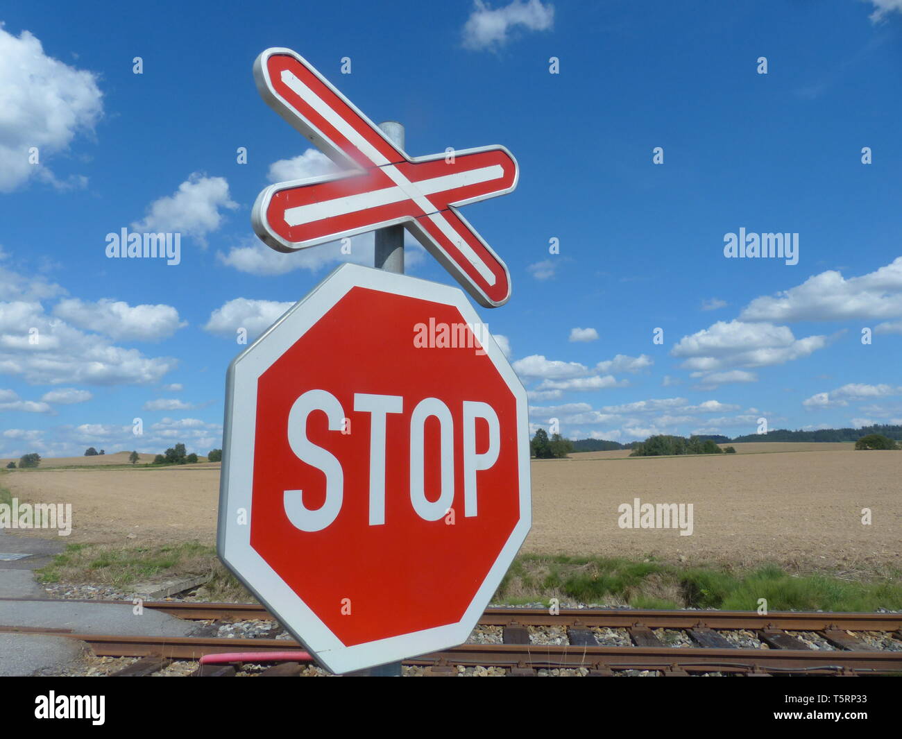 Stop sign at unprotected railroad crossing, Telc, Czech Republic Stock ...