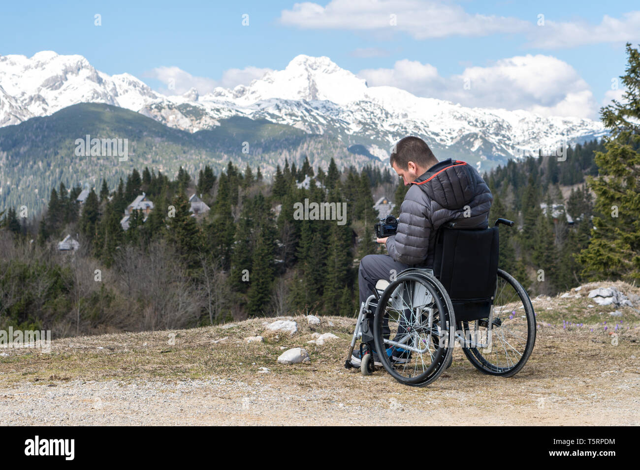 photo of a man on wheelchair using camera in nature, photographing ...