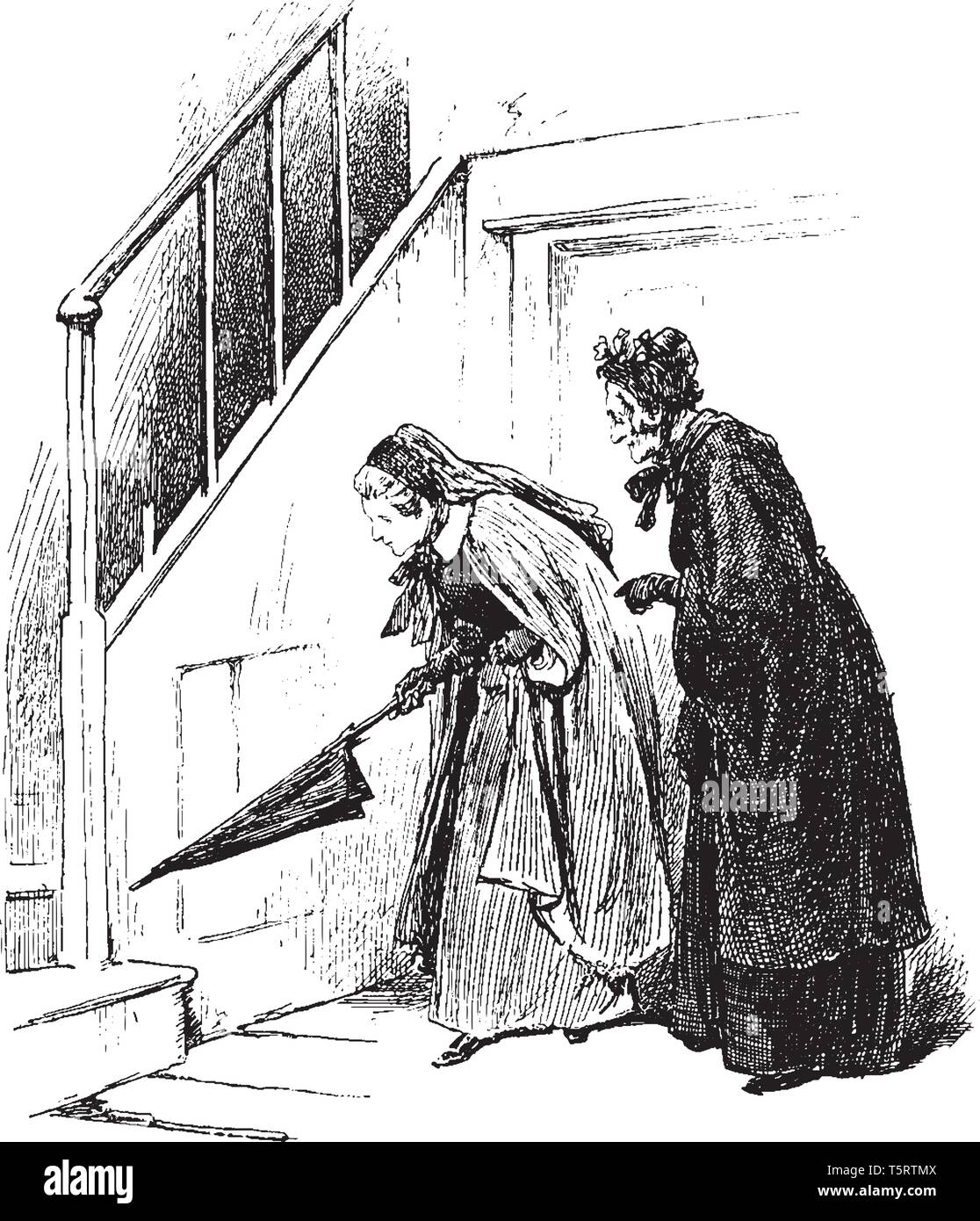 Two women observing something in the corner, vintage line drawing or ...