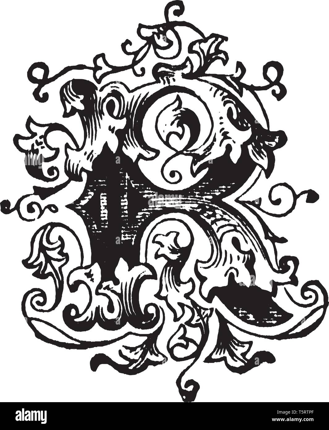 An ornamental letter R, vintage line drawing or engraving illustration ...