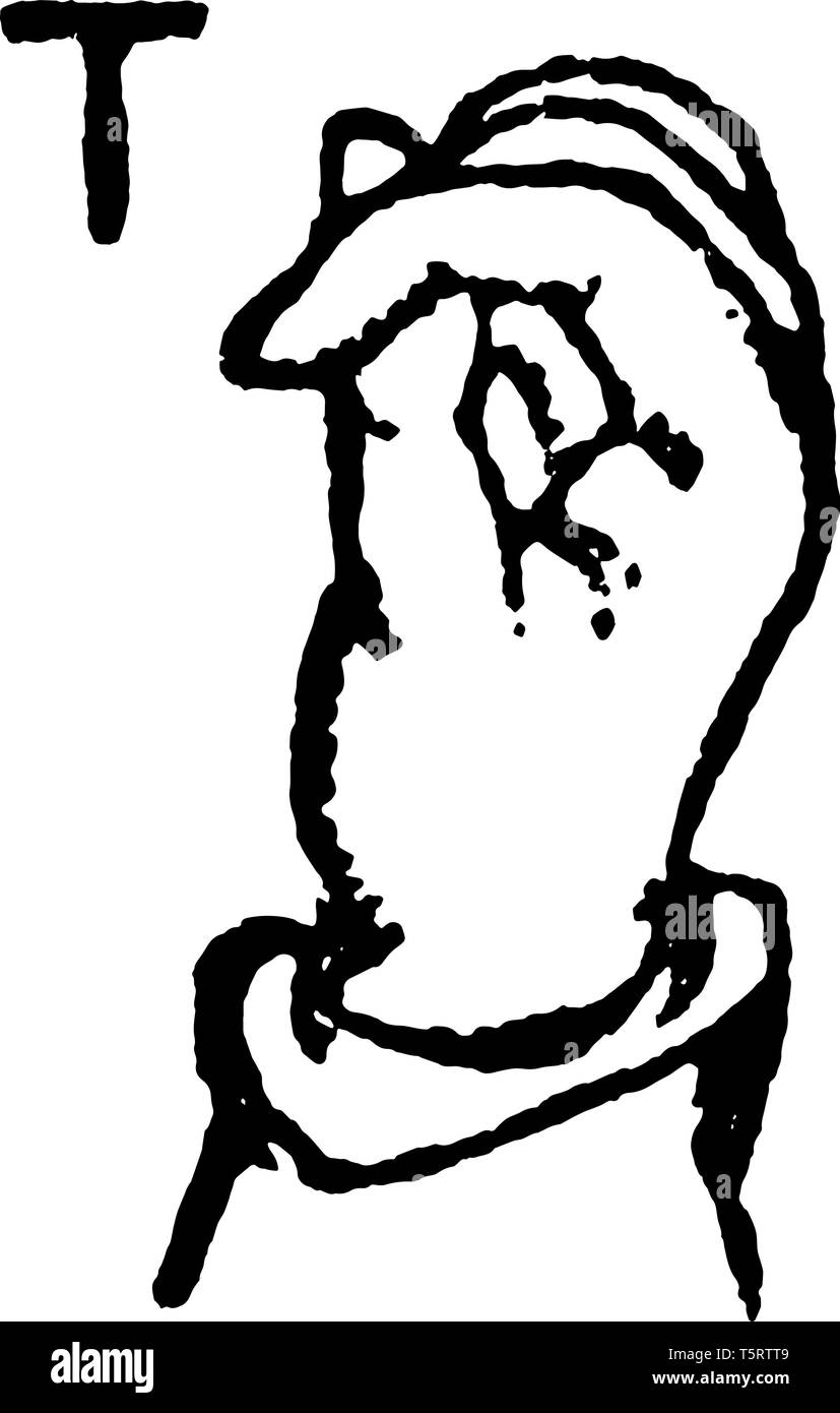 This image represents one handed Sign for T, vintage line drawing or ...