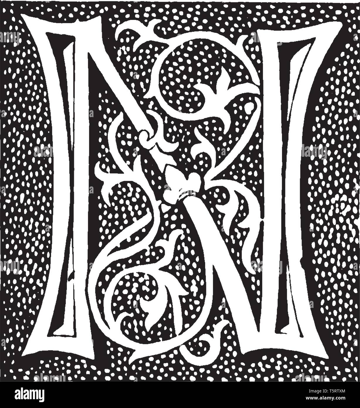 An ornamental and decorative letter N, vintage line drawing or ...