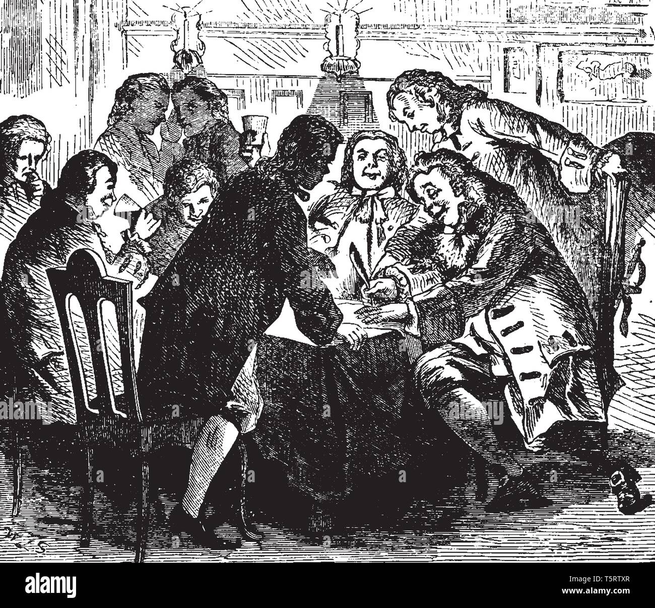 Colonel Sloughter signing the Death-warrant;,vintage line drawing or ...