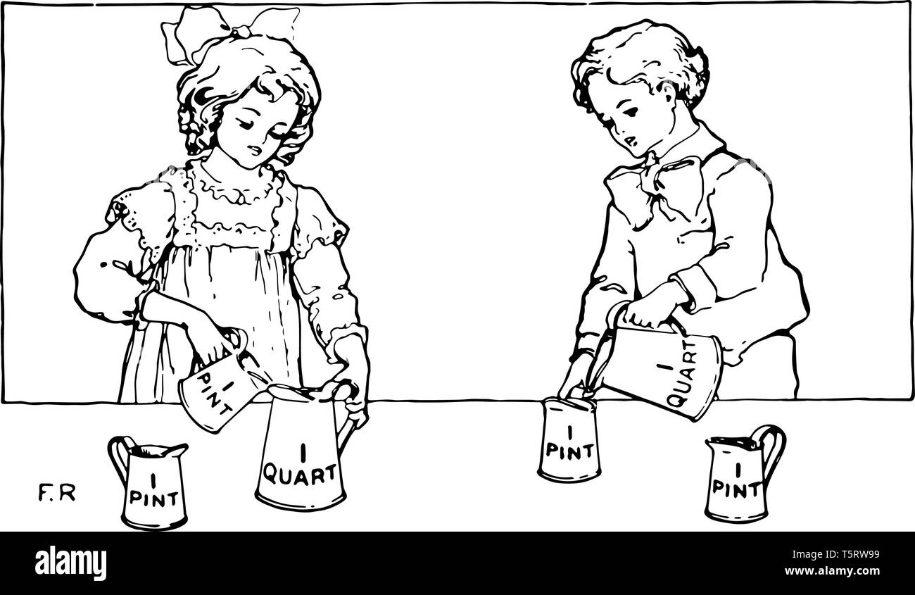 This picture is showing two children measuring the liquids in pints and ...