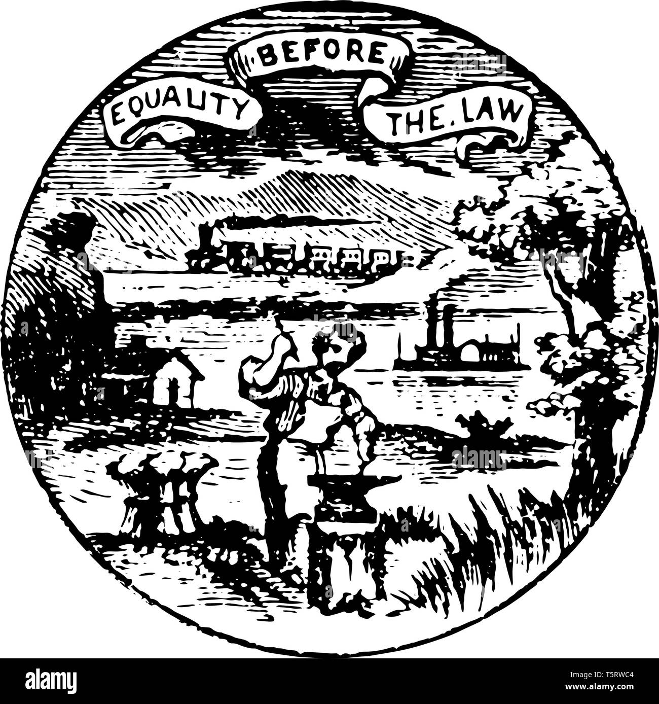 Nebraska seal with motto Equality before the Law vintage line drawing ...