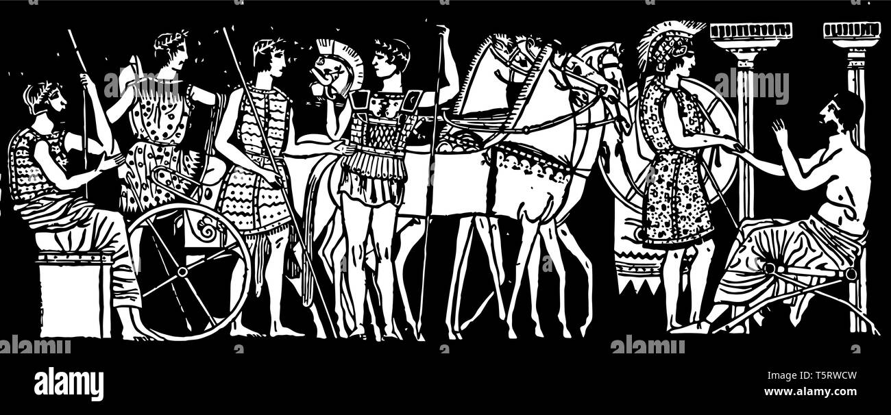 A scene from Ancient Greece with soldiers and horses, vintage line ...