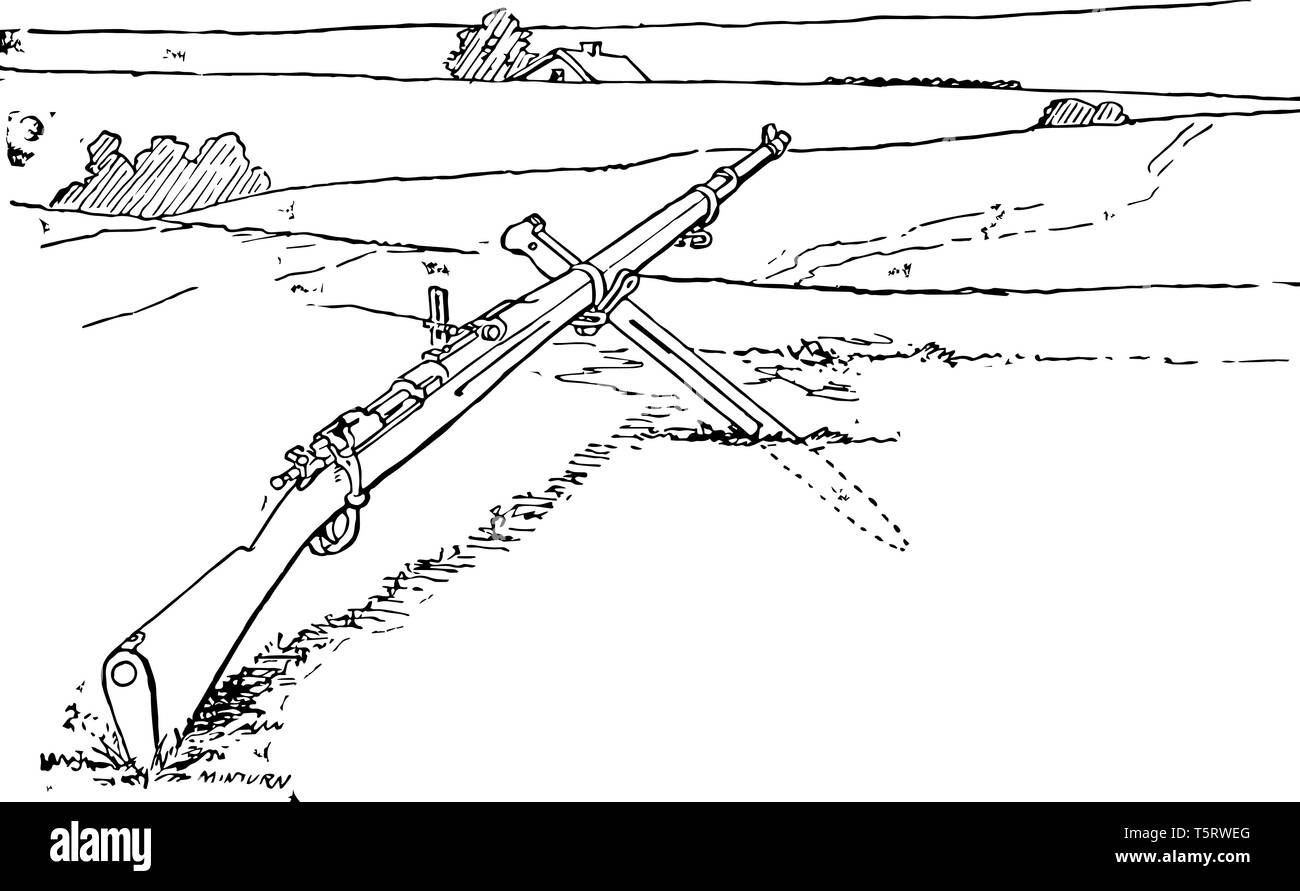 This illustration represents Rifle resting on the bayonet, vintage line ...