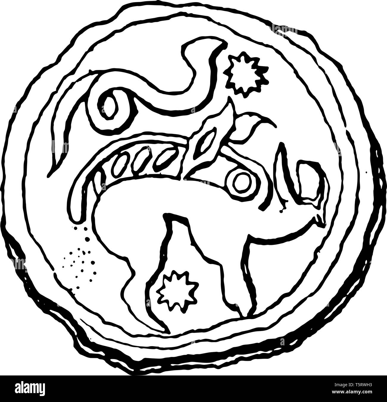 A coin that has an image of a snake and an animal, vintage line drawing ...