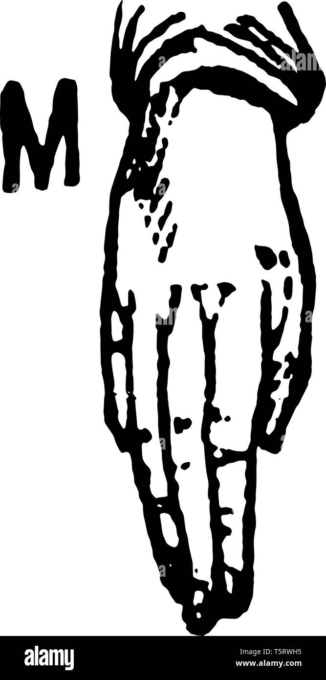 This illustration represents one handed Sign for M, vintage line ...