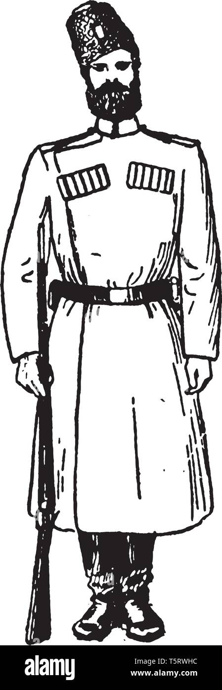 This illustration represents Soldier of Russia in 1901, vintage line ...