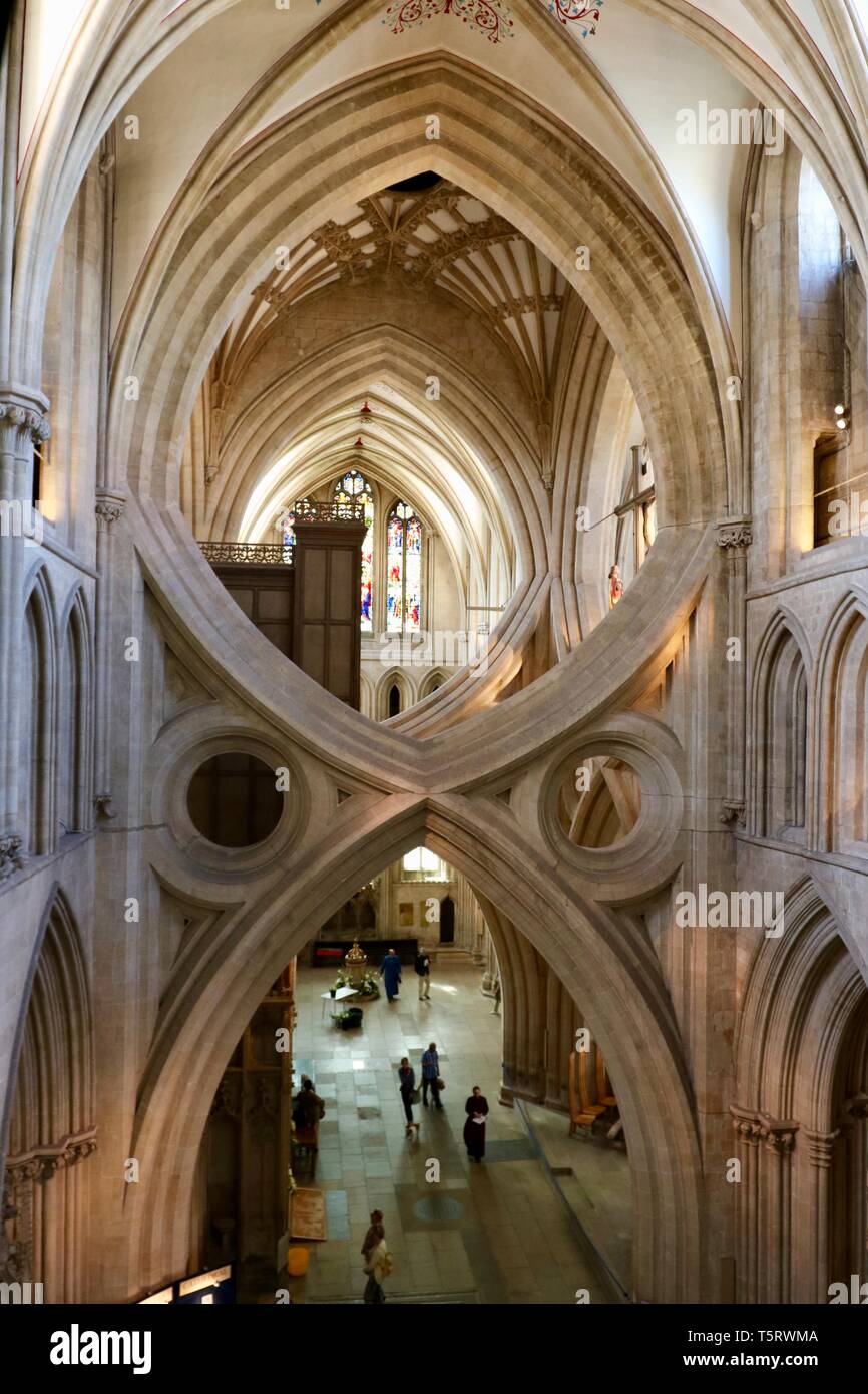 A high view of the wells Cathedral Scissor arches Stock Photo - Alamy