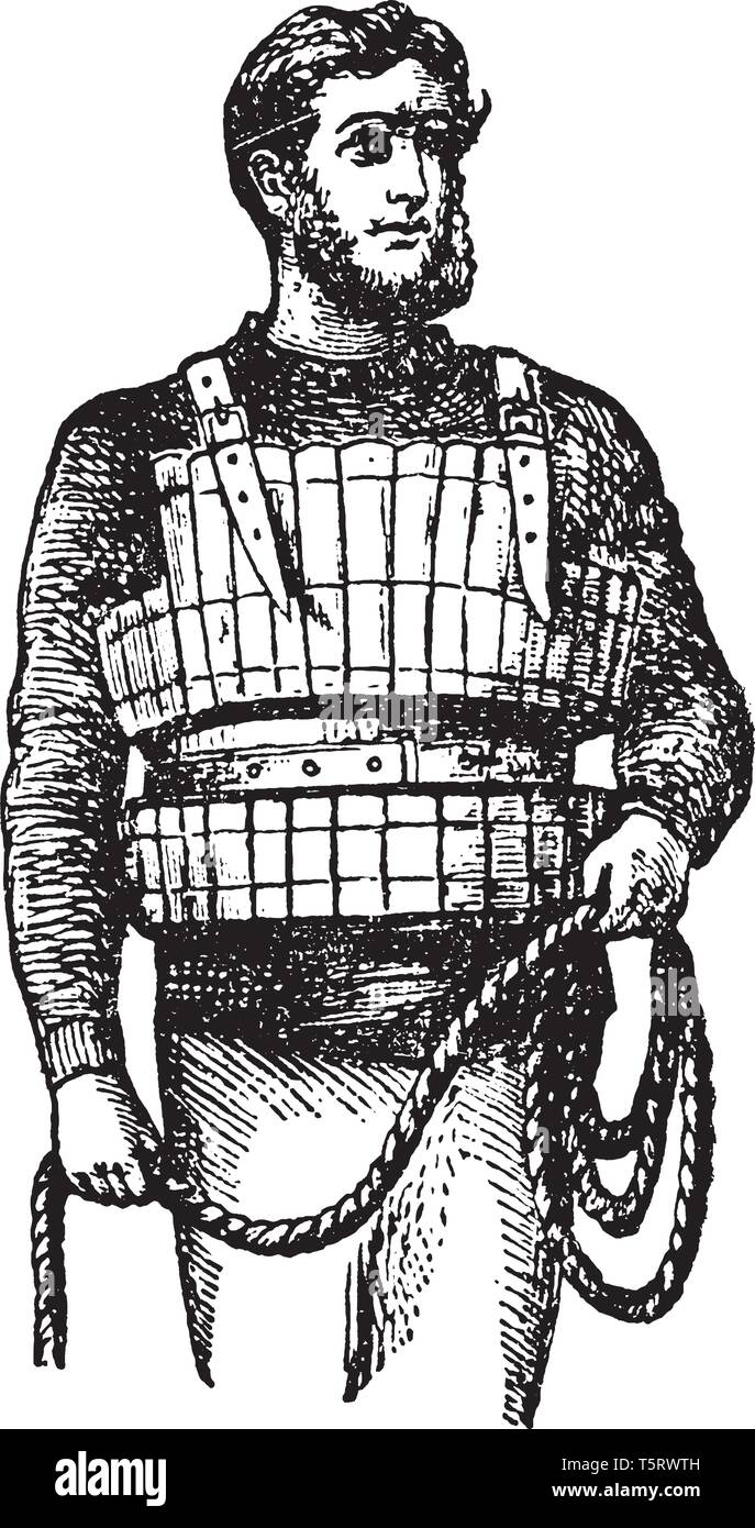 A man wearing a life jacket and holding rope in his hand, vintage line ...