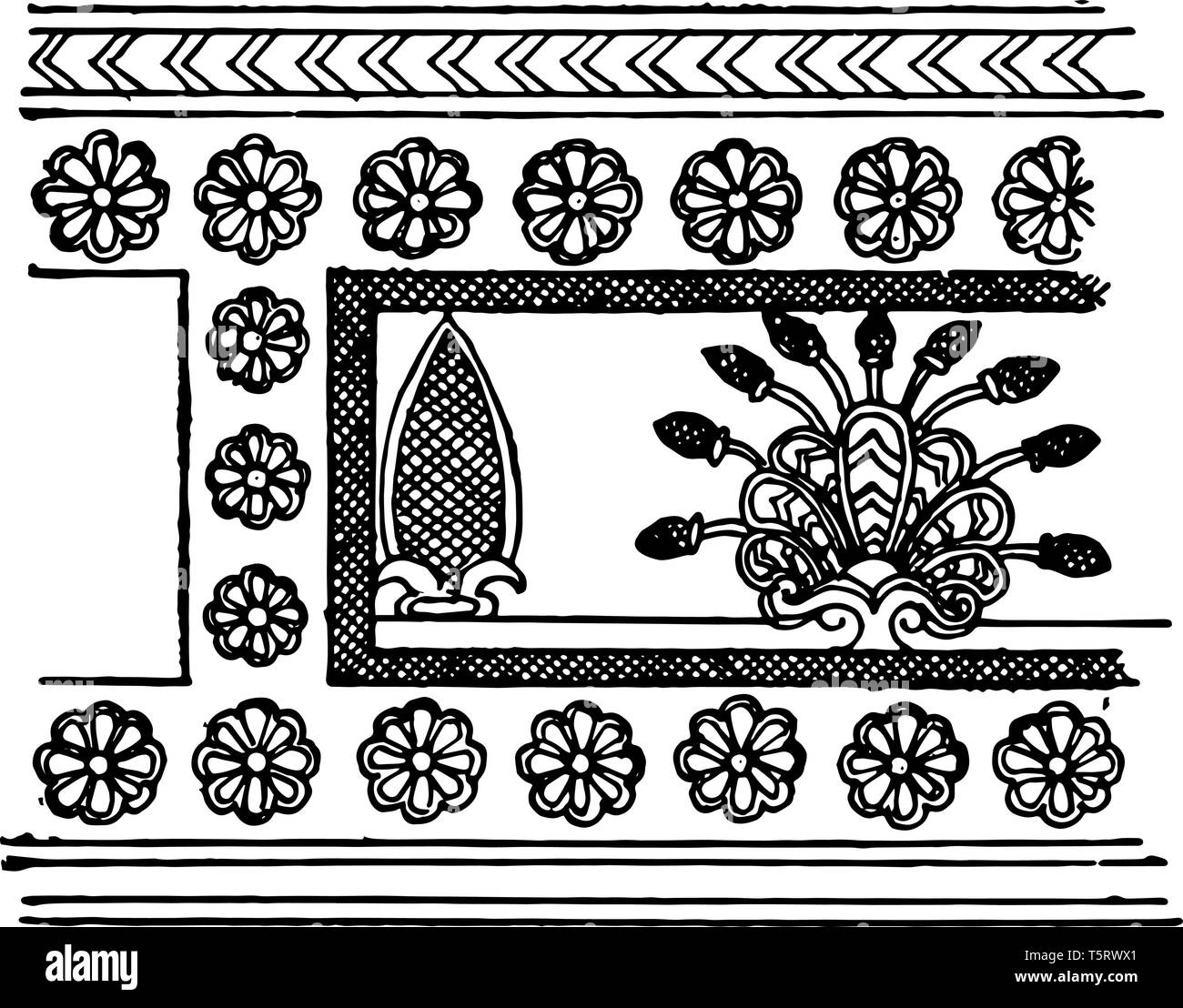 The image shows the Assyrian ornament. The flowers are present around ...