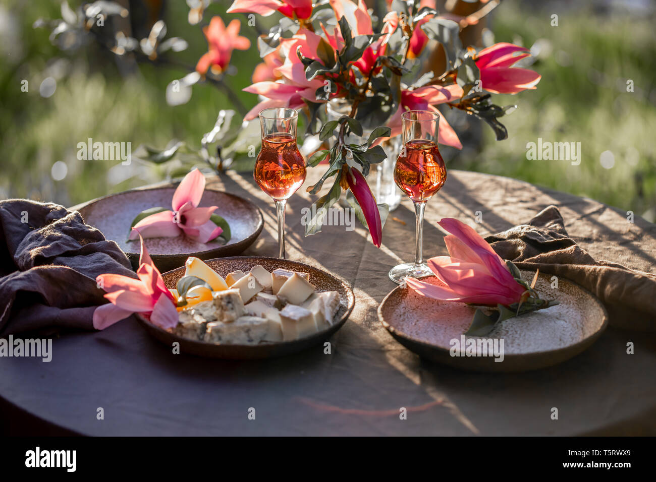 Beautiful table setting in garden on sunset light. Table decorated with ...