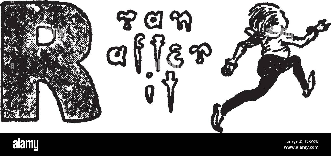 A capital letter R with ran after it, vintage line drawing or engraving ...
