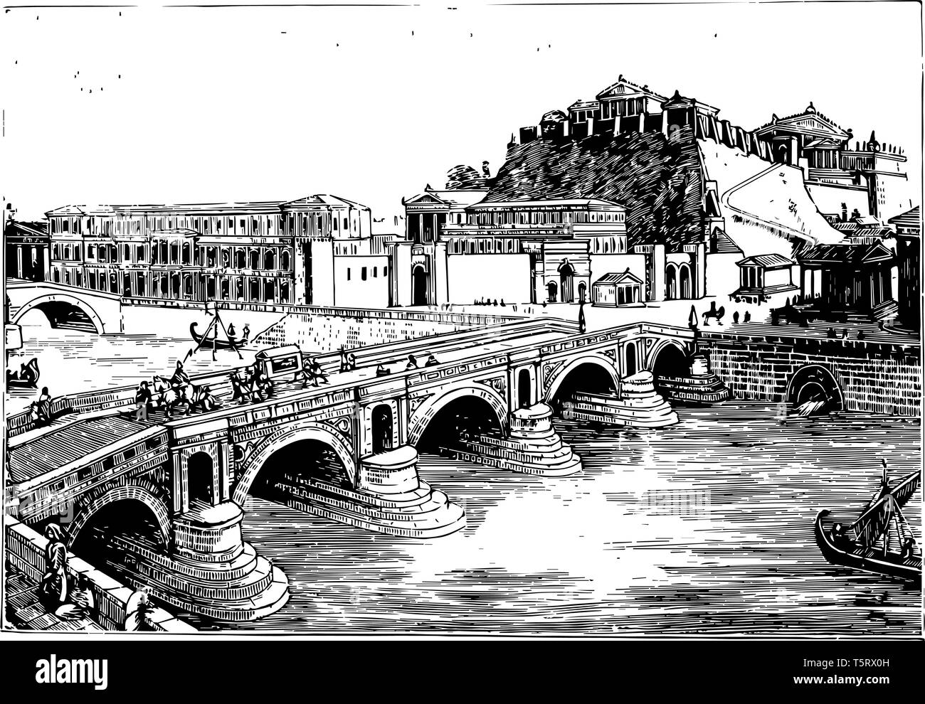 A huge bridge over a river that connected two cities, vintage line ...