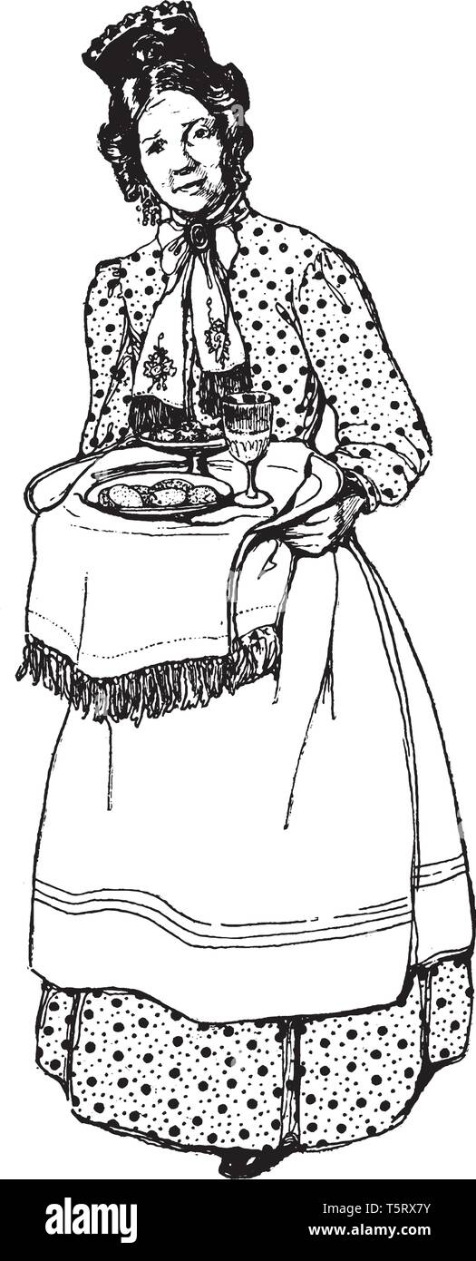 A woman holding tray in hands, food plate and glass kept in tray ...