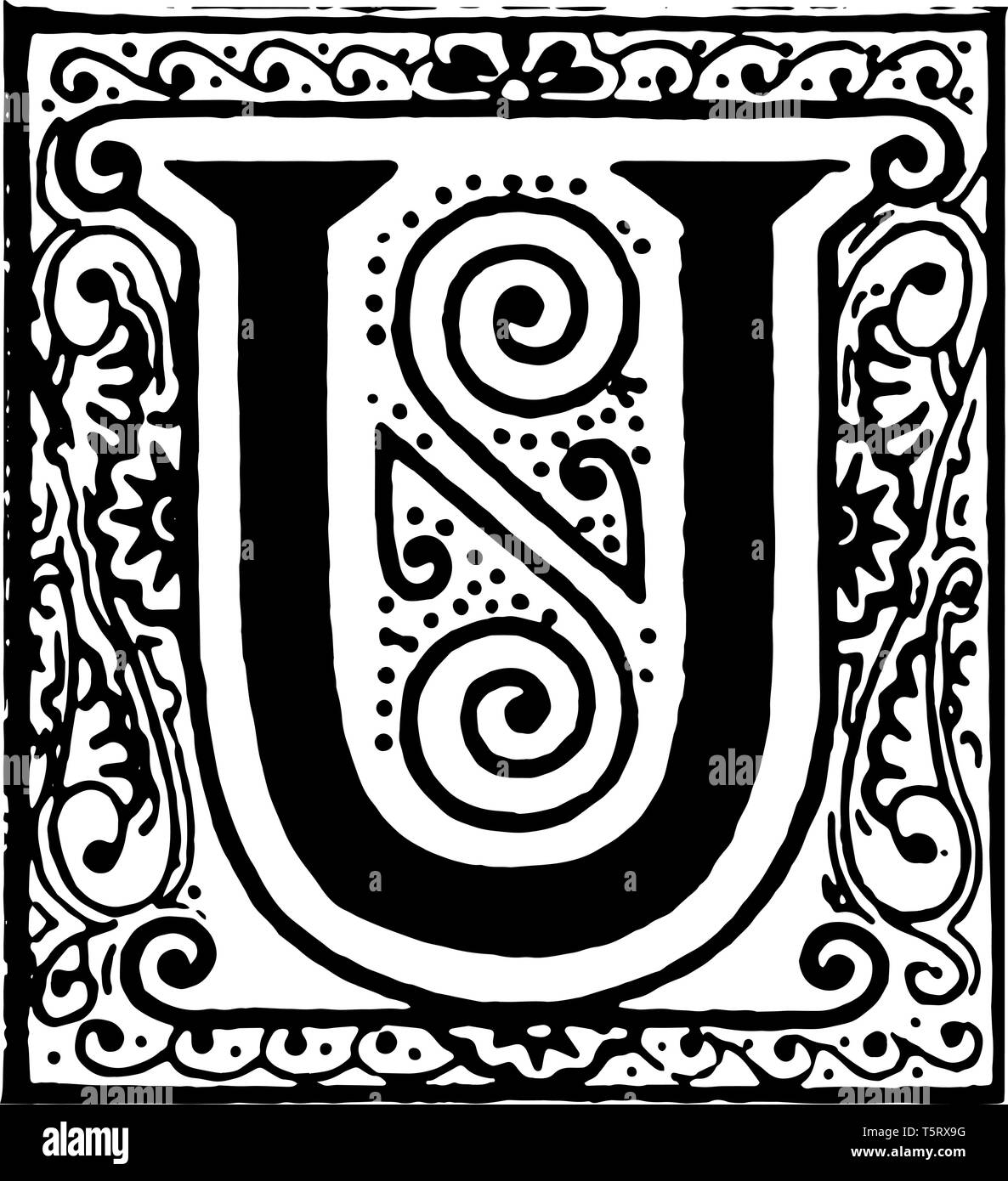 A picture of a decorative letter U with ornate initial with design ...