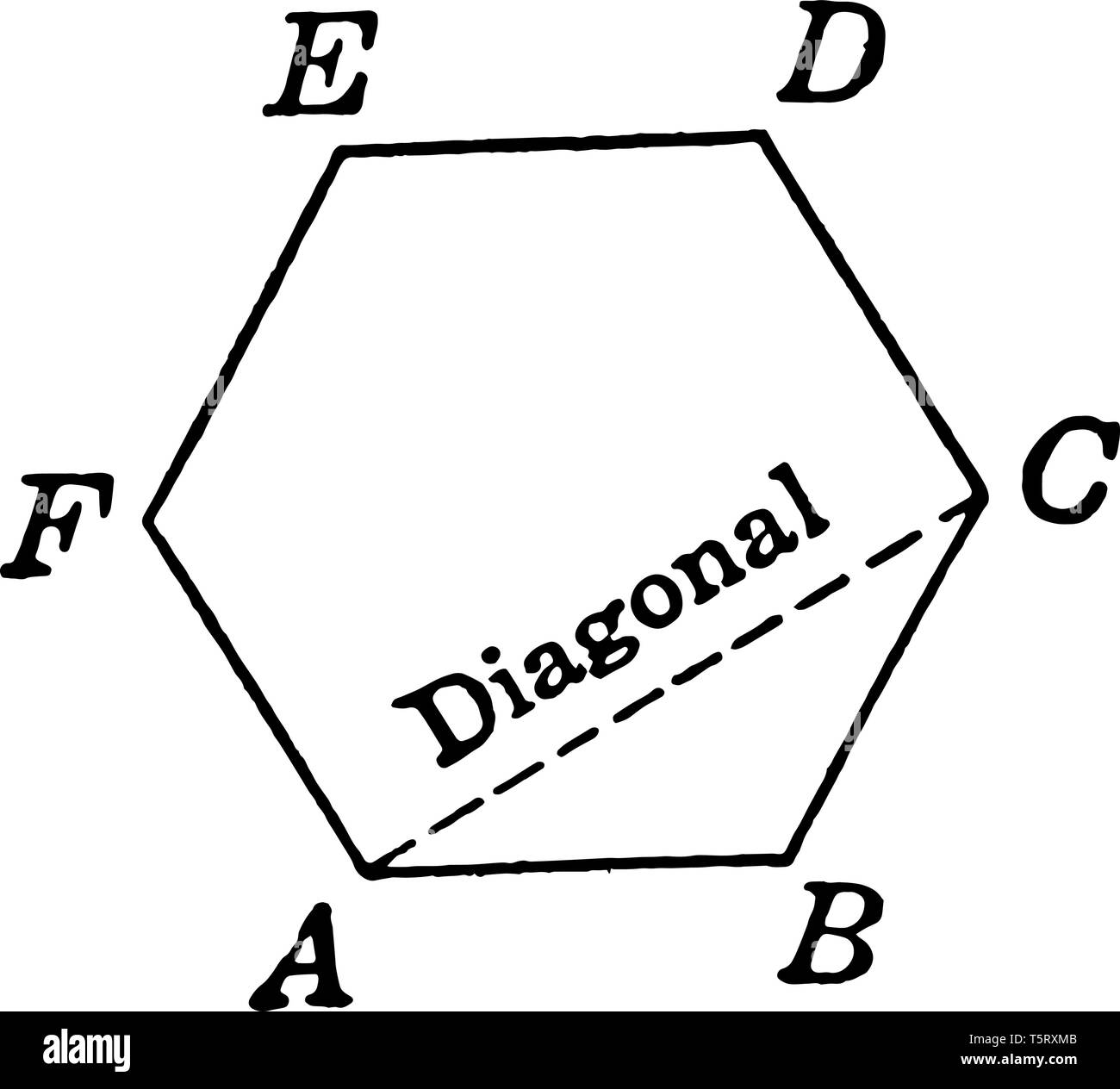 A picture showing hexagon with diagonal drawn and labeled, vintage line ...