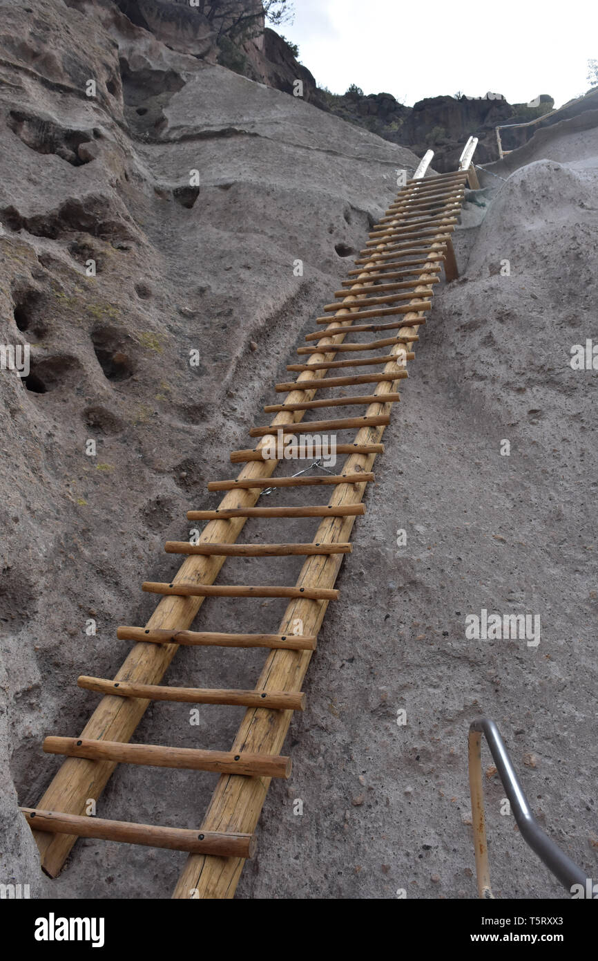 Ladder to climb up in the ancient cliff dwellings in Bandelier National ...