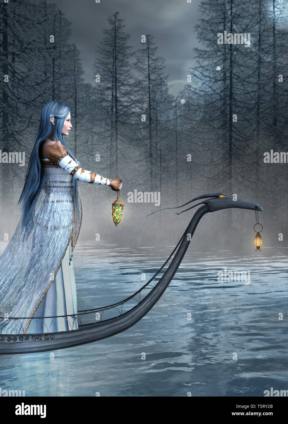 The long travel - Beautiful fairy on a magic boat in a dark forest ...