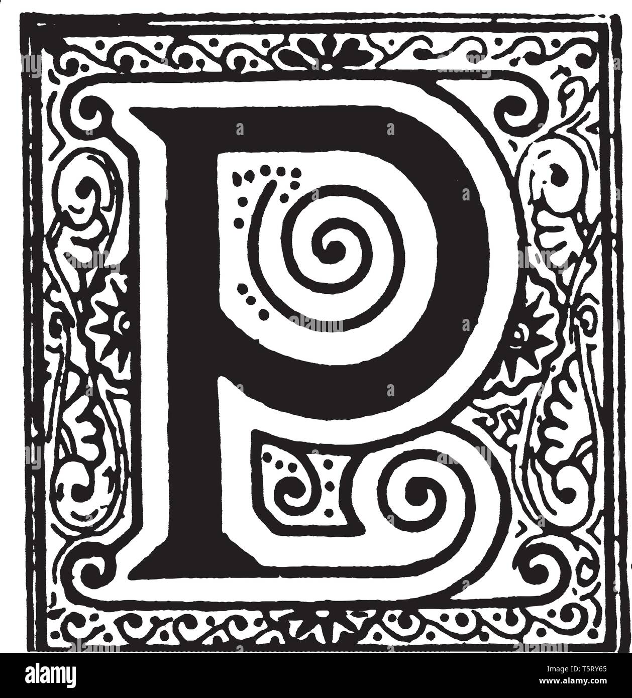 An ornamental and decorative letter P, vintage line drawing or ...