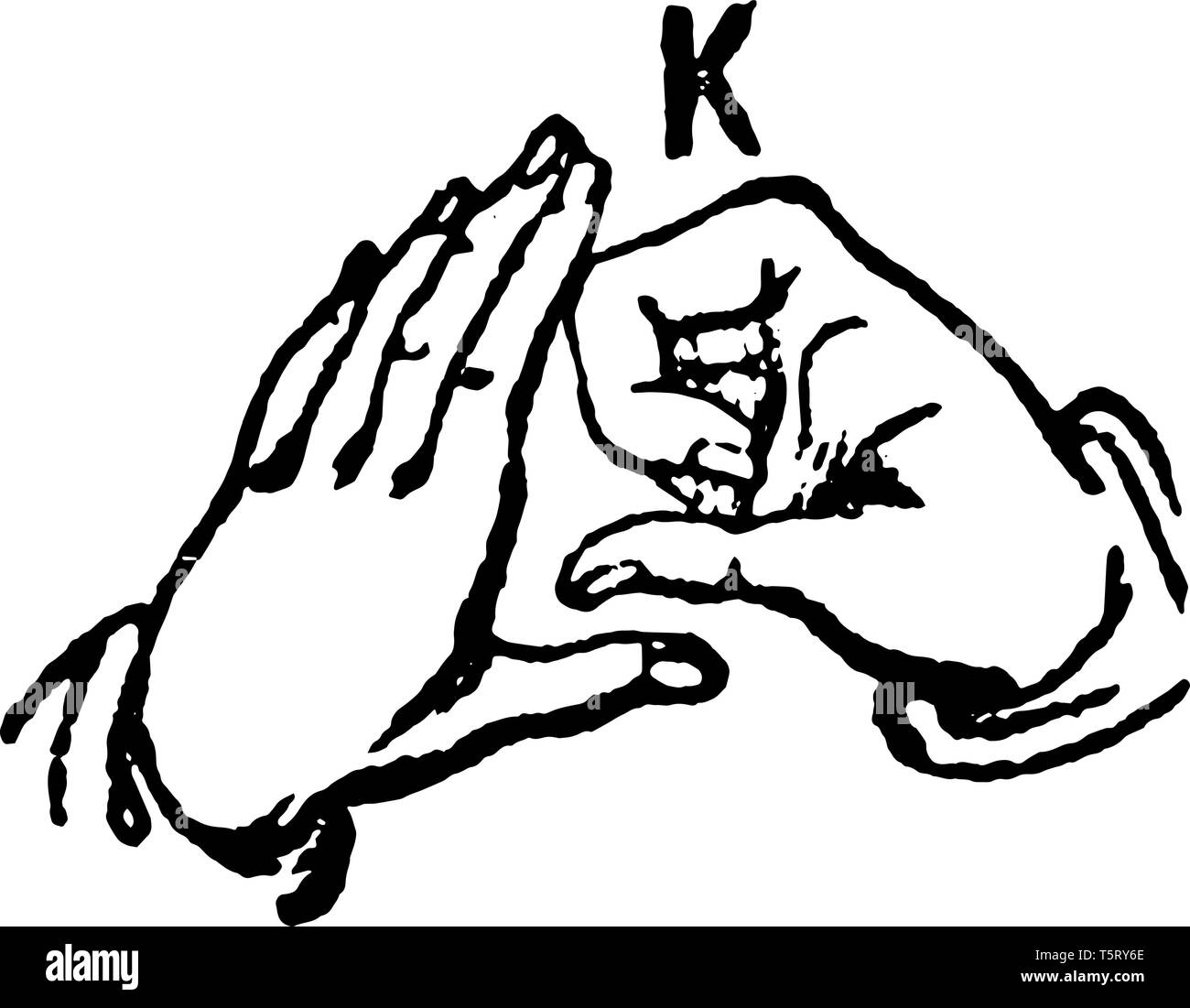This image shows two hand signals for K, vintage line drawing or ...
