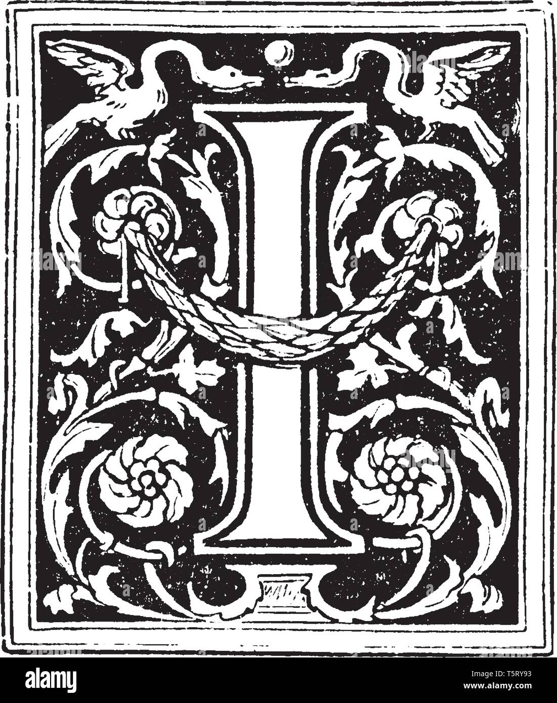An ornamental and decorative letter I, vintage line drawing or ...