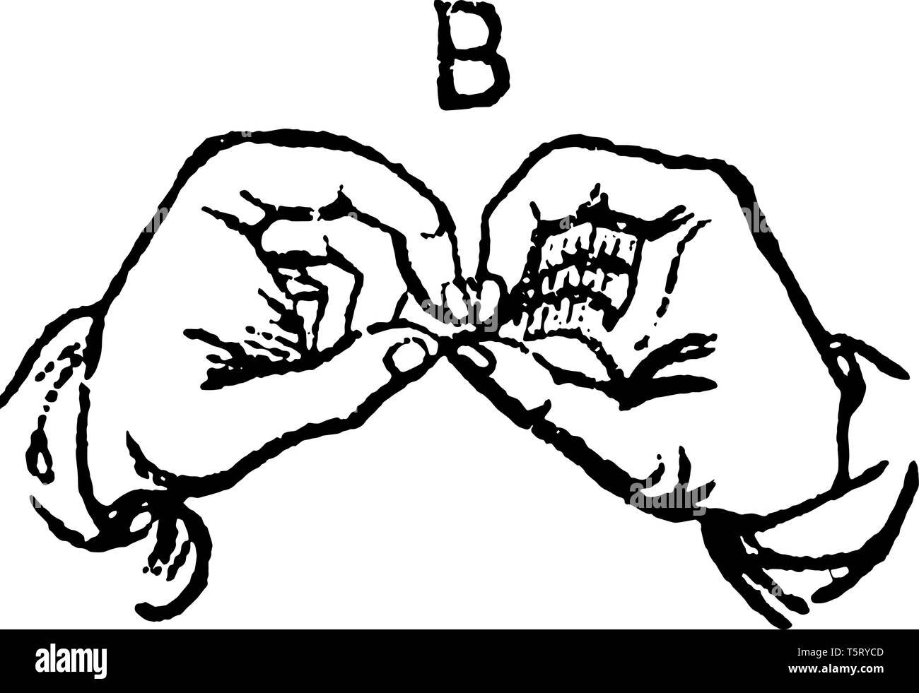 This image shows the two-hand sign for B, vintage line drawing or ...