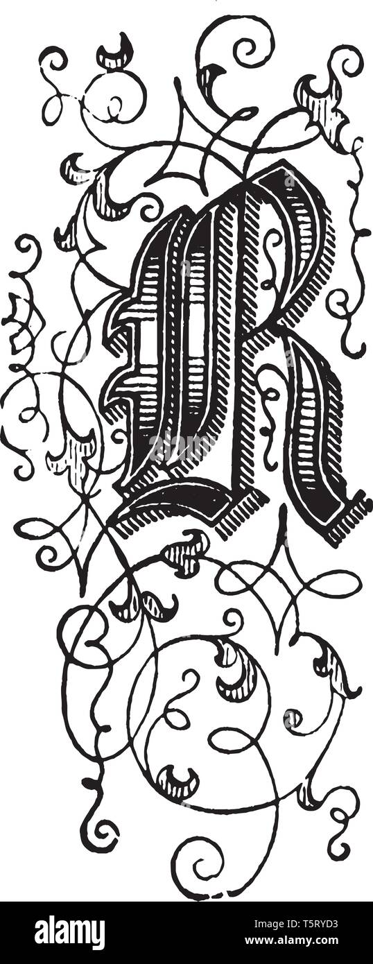 An ornamental and floral letter R, vintage line drawing or engraving ...