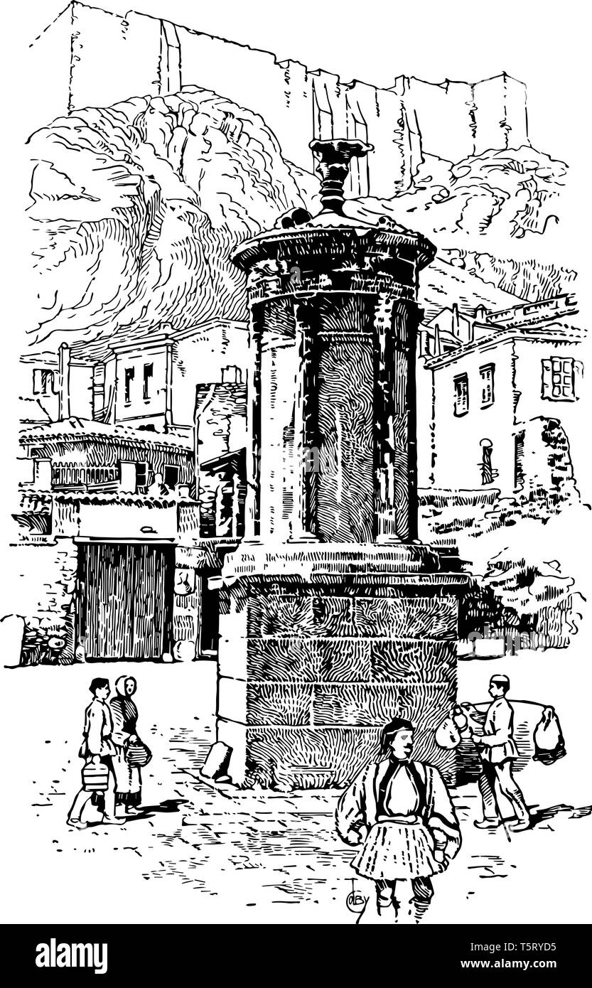 A music monument in Athens, vintage line drawing or engraving ...