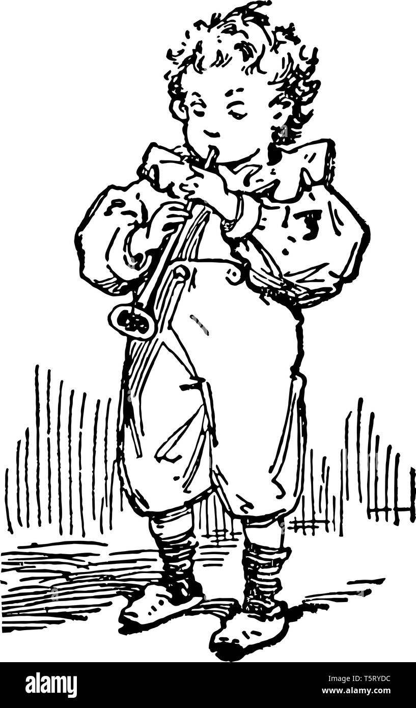 Young Boy Playing Pipe where a young boy playing a small pipe, vintage ...