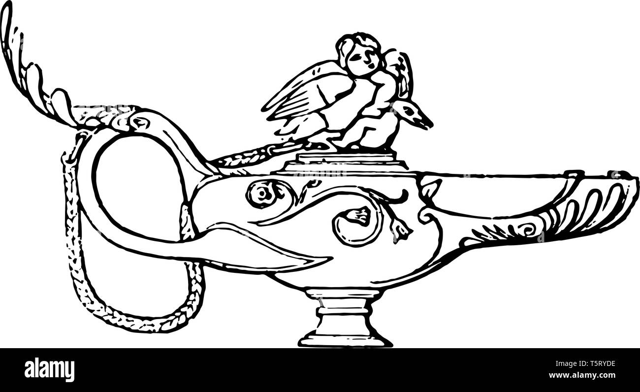An oil lamp with a winged boy, vintage line drawing or engraving ...