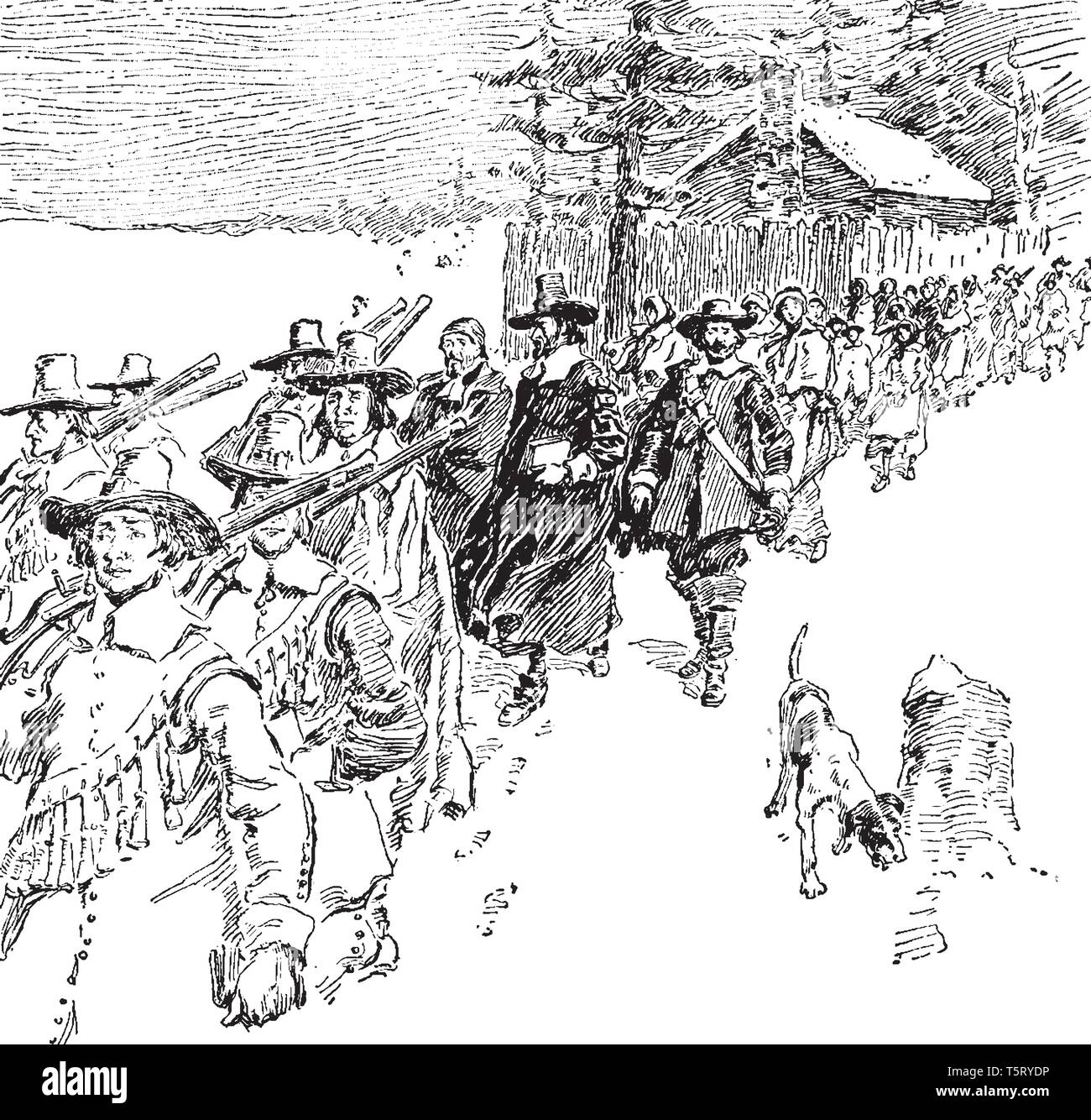 A large numbers of Pilgrims returning from church,vintage line drawing ...