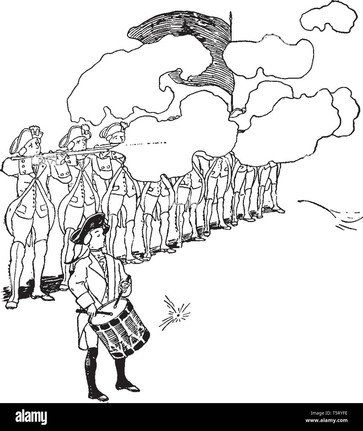 Soldiers standing in line and firing, and one soldier with drum ...