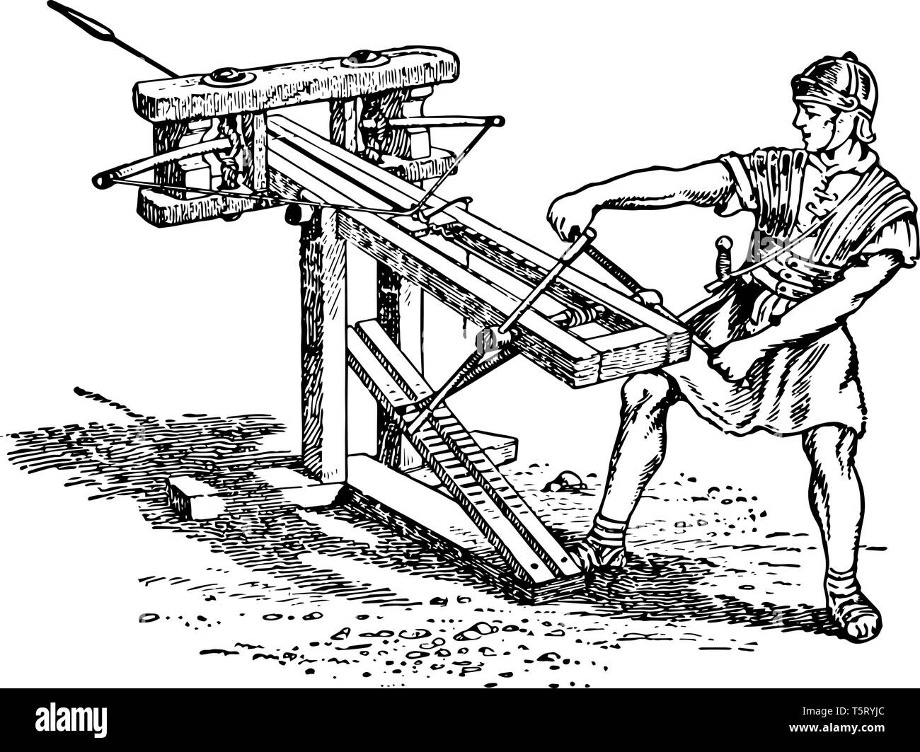 An image showing the soldier pulling the catapult's ropes, vintage line ...