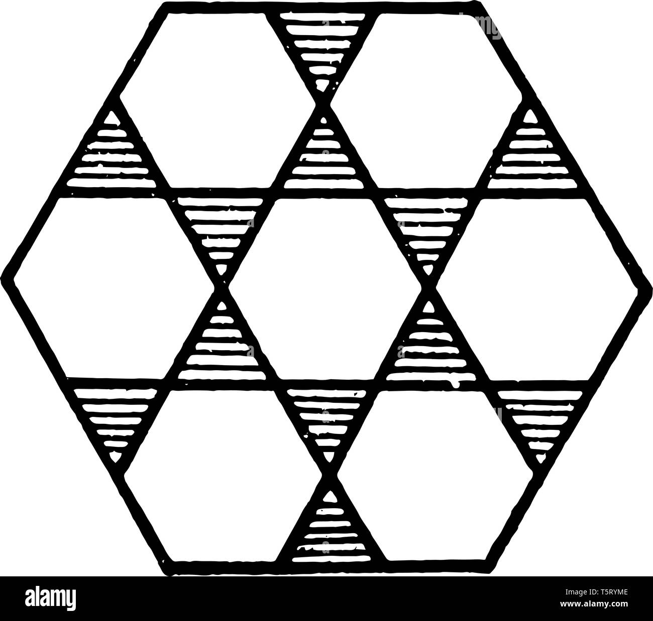 Large hexagon with interior design with adjacent sides. Triangular are ...