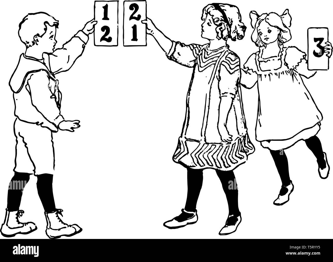 Three children holding number card solving addition, vintage line ...