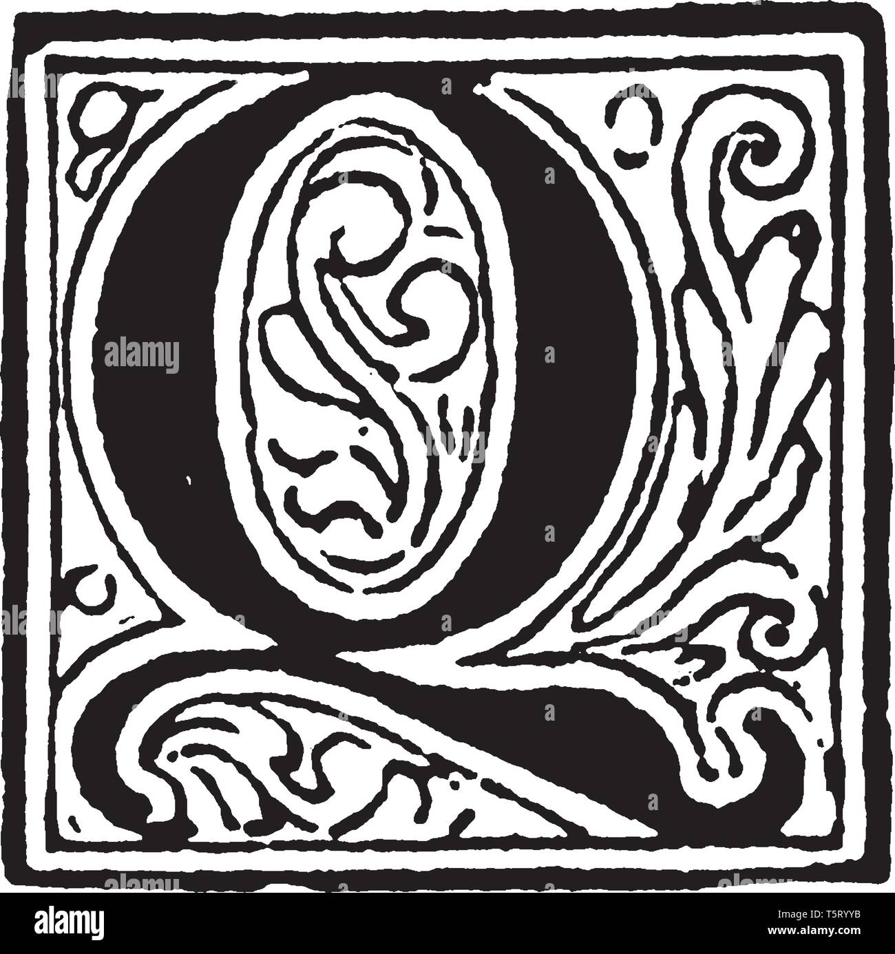 A decorative letter Q, vintage line drawing or engraving illustration ...