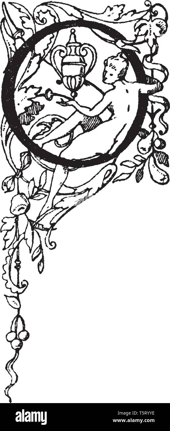 An ornamental and decorative letter O, vintage line drawing or ...