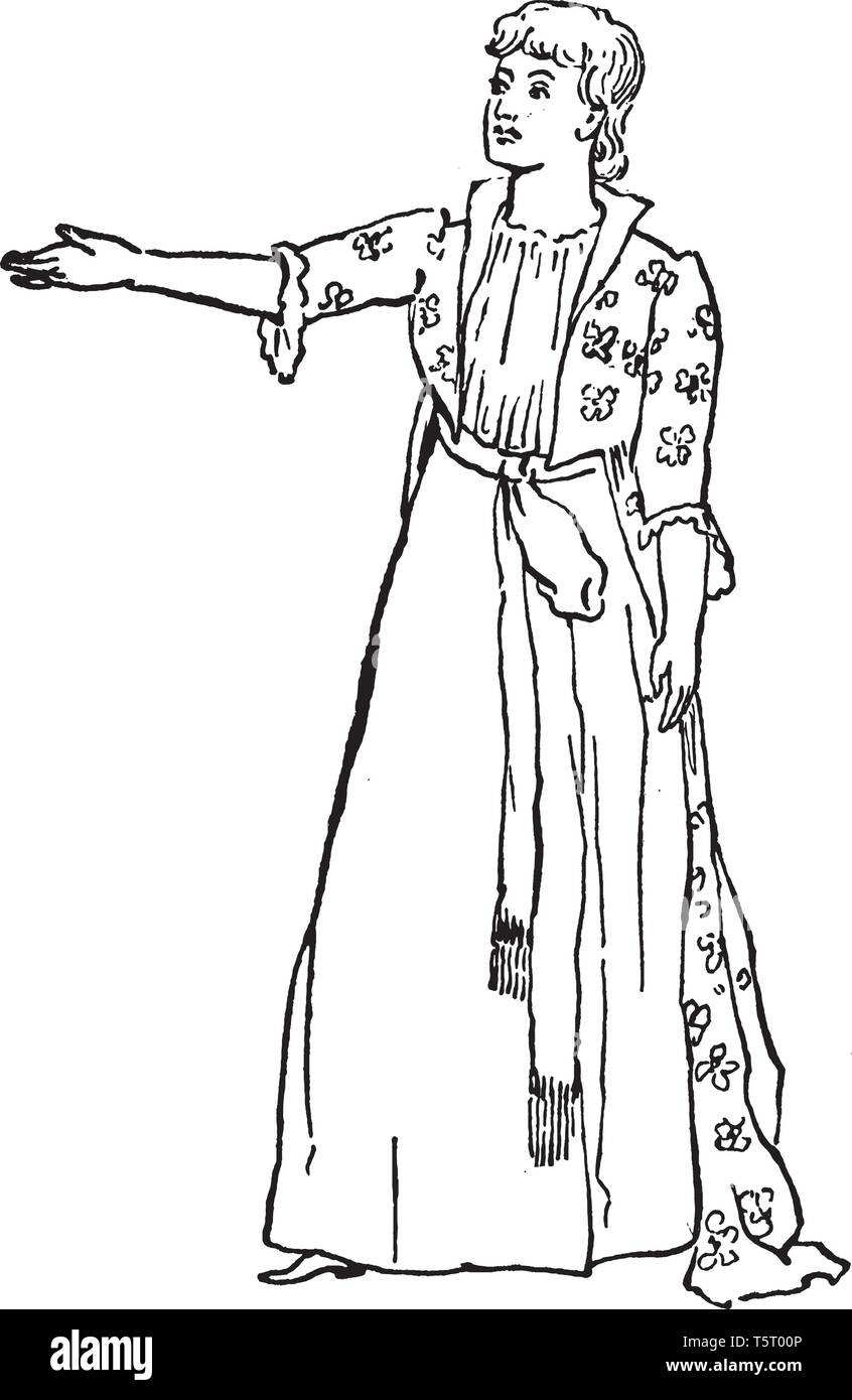 A woman raising right hand, a gesture of announcing, vintage line ...