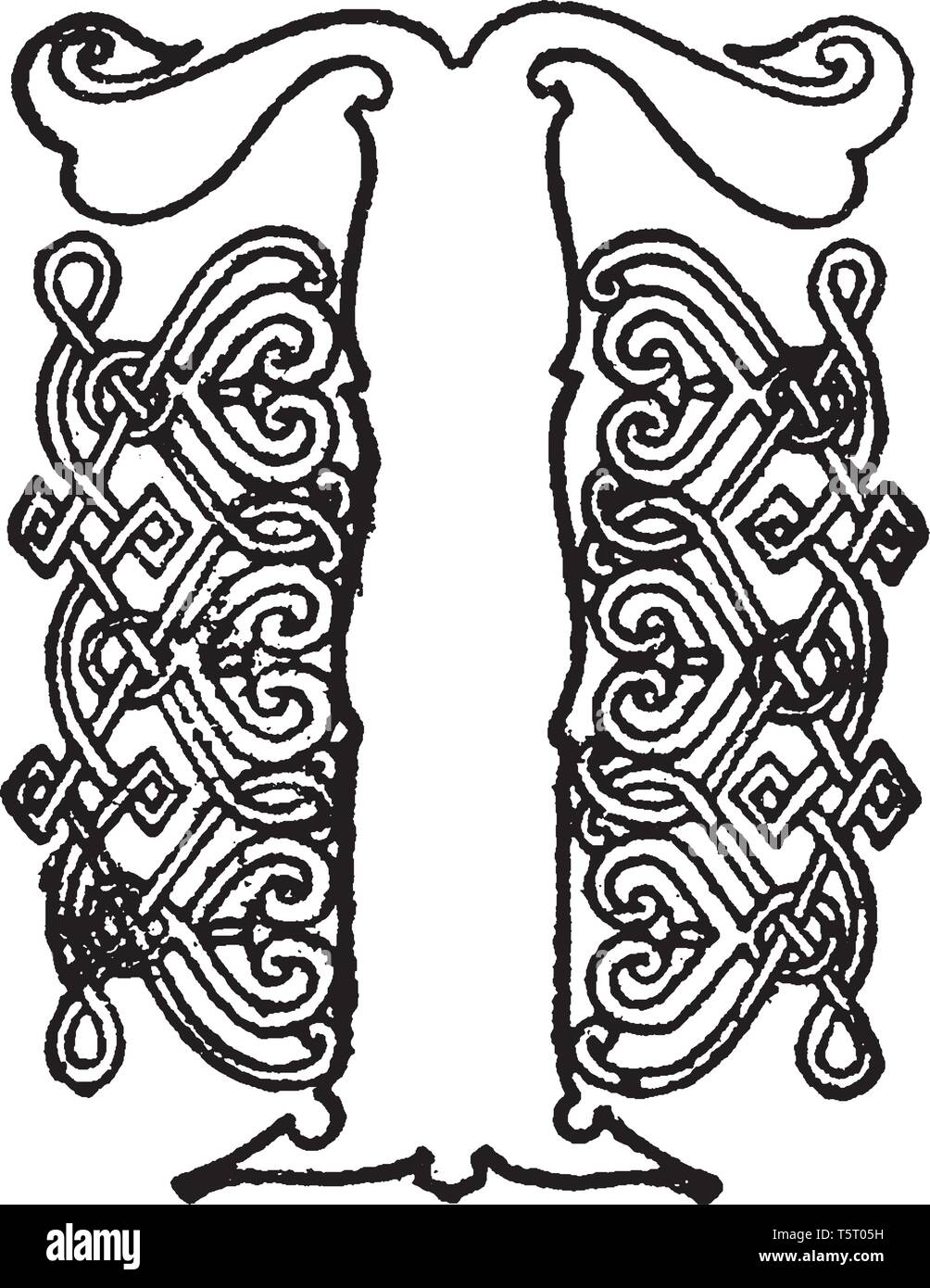 A decorative capital letter T, vintage line drawing or engraving ...