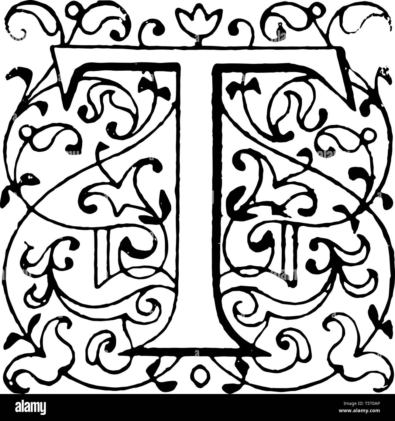 A picture of a decorative letter T with vines, vintage line drawing or ...