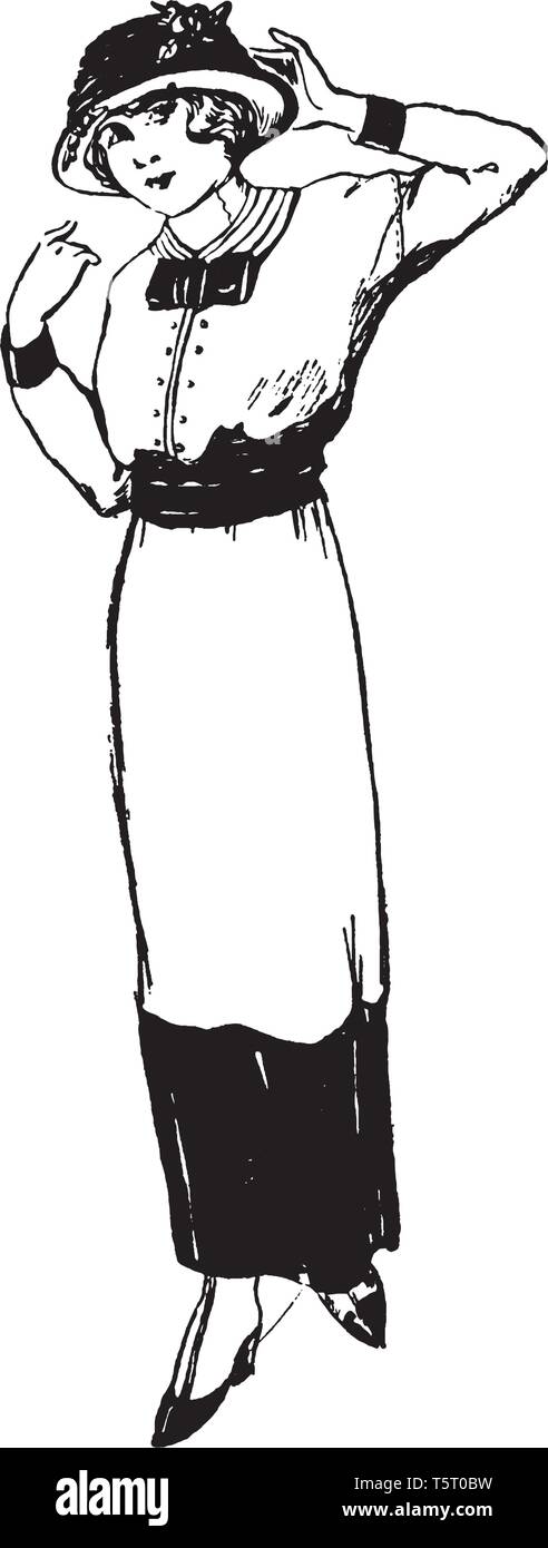 A woman with hat looking at something, vintage line drawing or ...