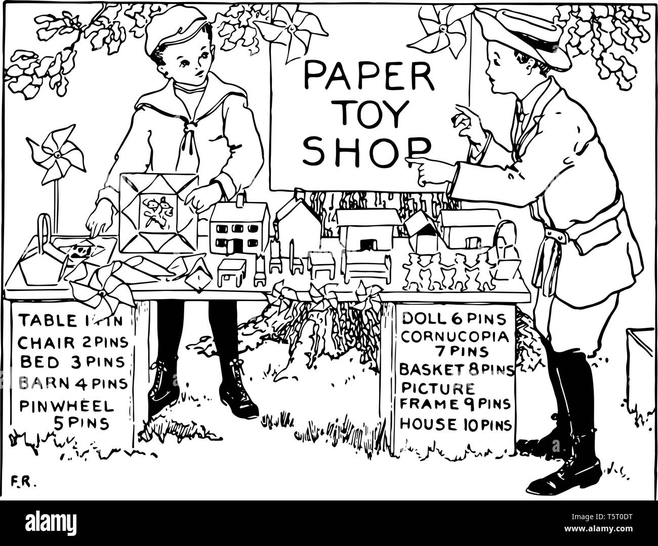 A seller sale his toys made up of paper and a child buying his toys ...