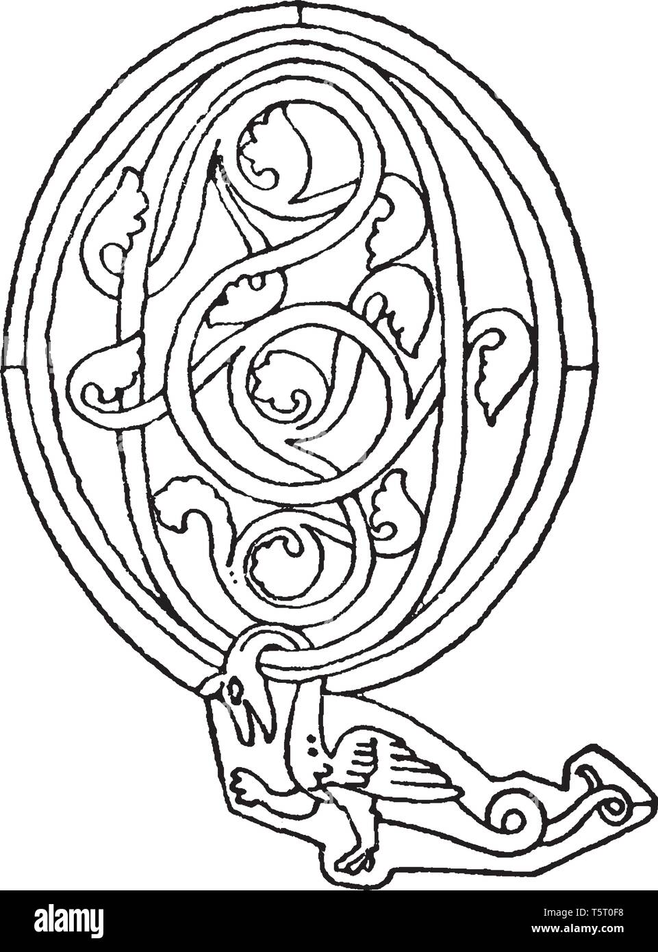 A letter Q in Romanesque, vintage line drawing or engraving ...