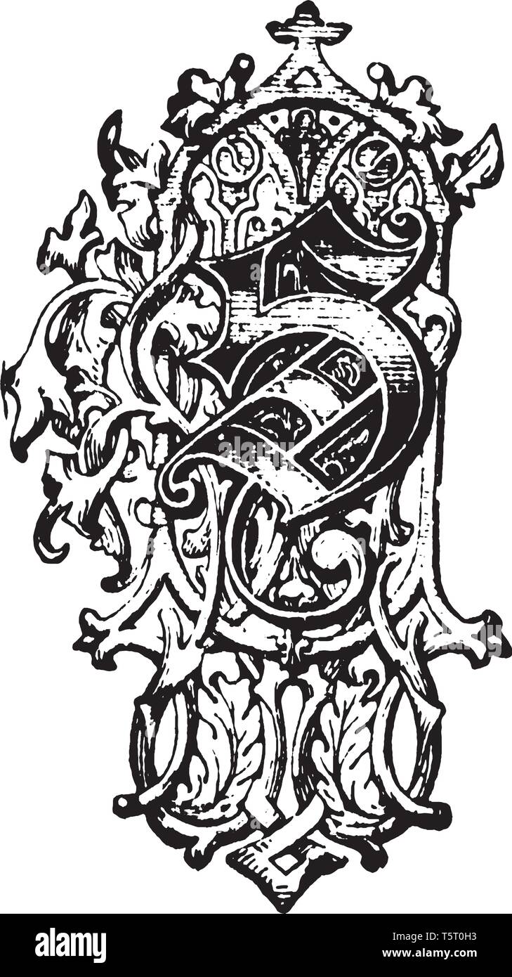 An ornamental and decorative letter S, vintage line drawing or ...